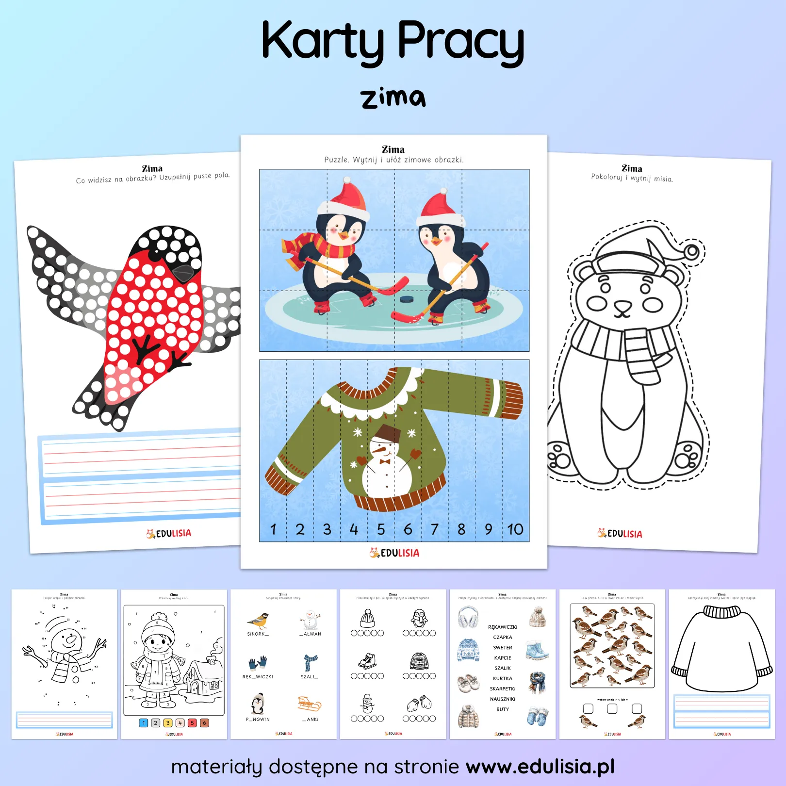 Zimowe karty pracy do 1 klasy do druku | Edulisia